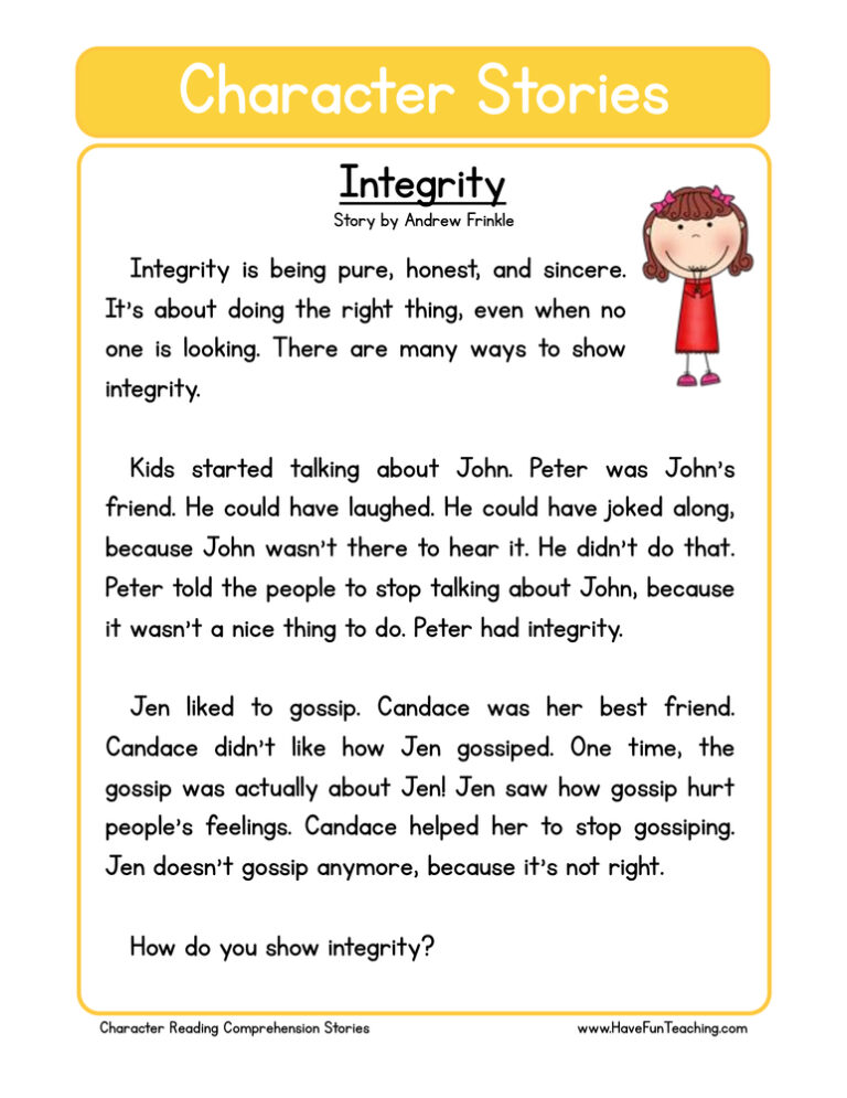 Integrity Character Reading Comprehension Worksheet - Have Fun Teaching
