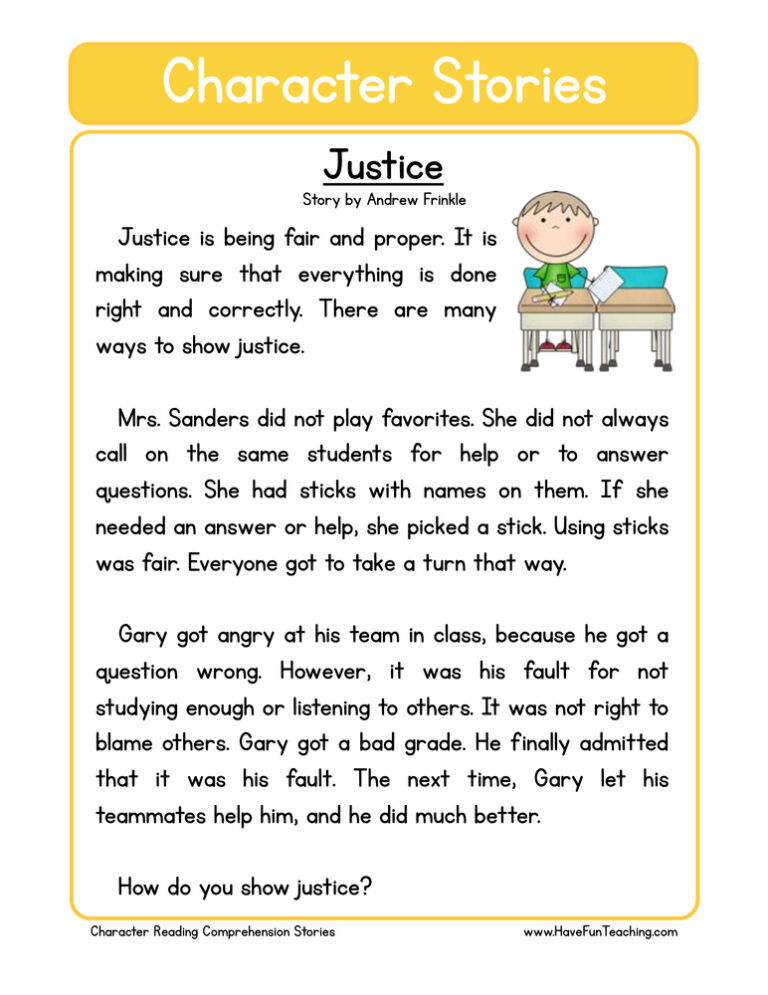 Justice Character Reading Comprehension Worksheet - Have Fun Teaching