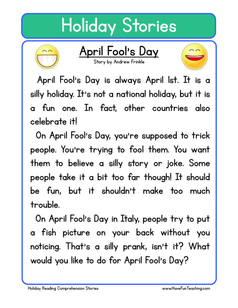 April Fools Day Reading Comprehension Worksheet - Have Fun Teaching