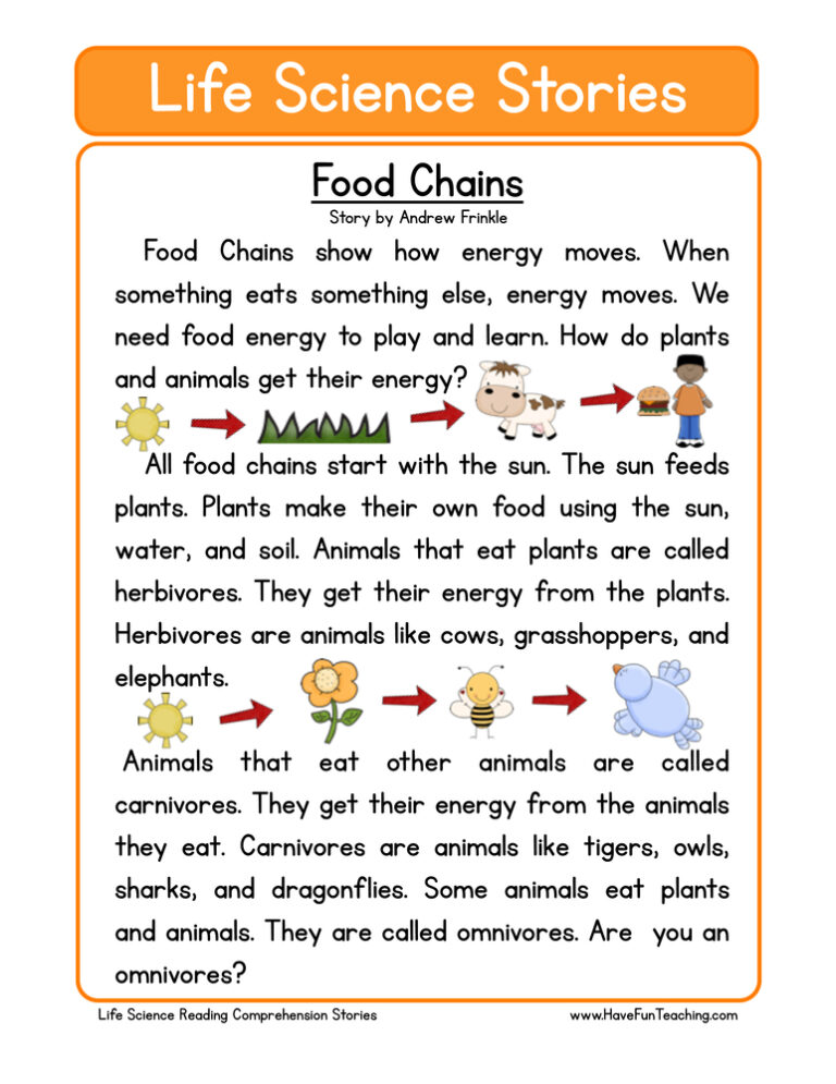 Food Chains Life Science Reading Comprehension Worksheet - Have Fun ...