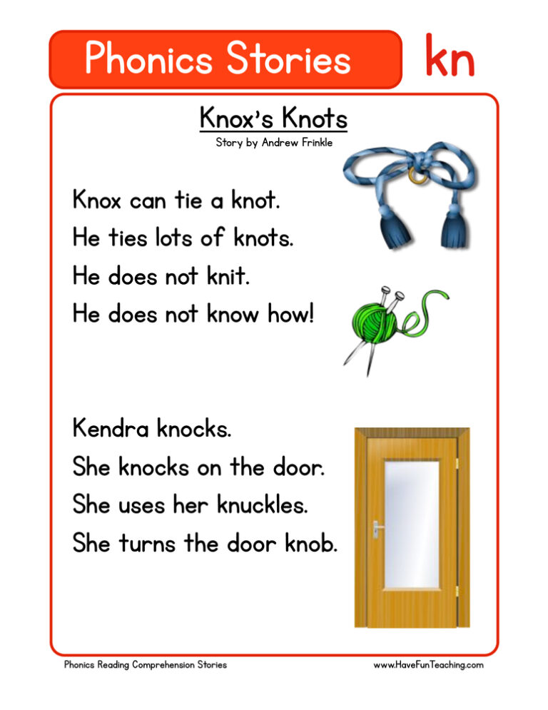 Knox's Knots KN Phonics Stories Reading Comprehension Worksheet - Have ...