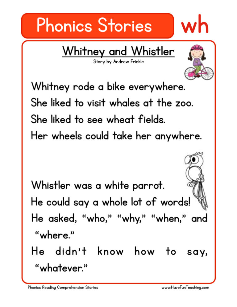 Whitney and Whistler WH Phonics Stories Reading Comprehension Worksheet ...