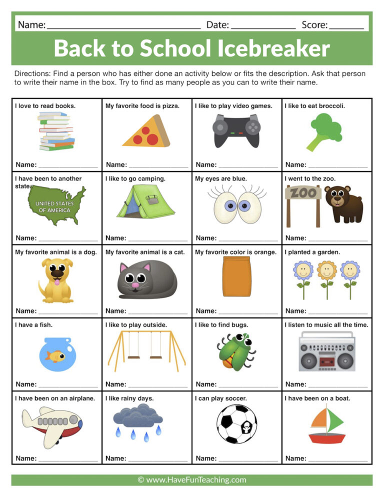 Back to School Icebreaker Worksheet - Have Fun Teaching