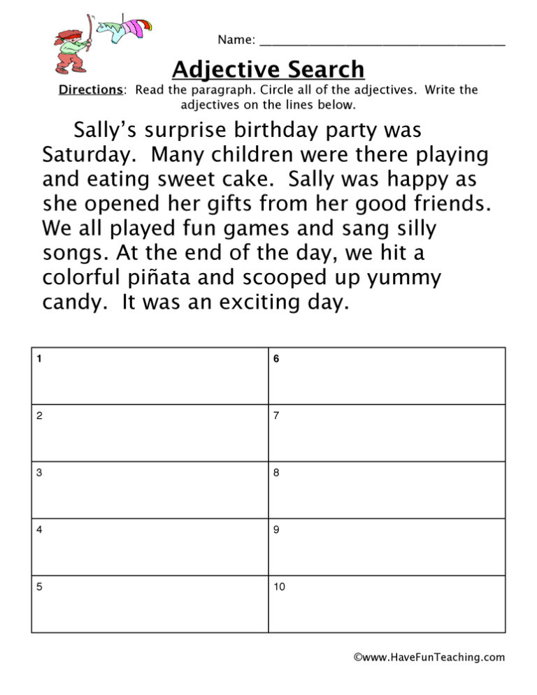 Adjective Birthday Party Worksheet - Have Fun Teaching