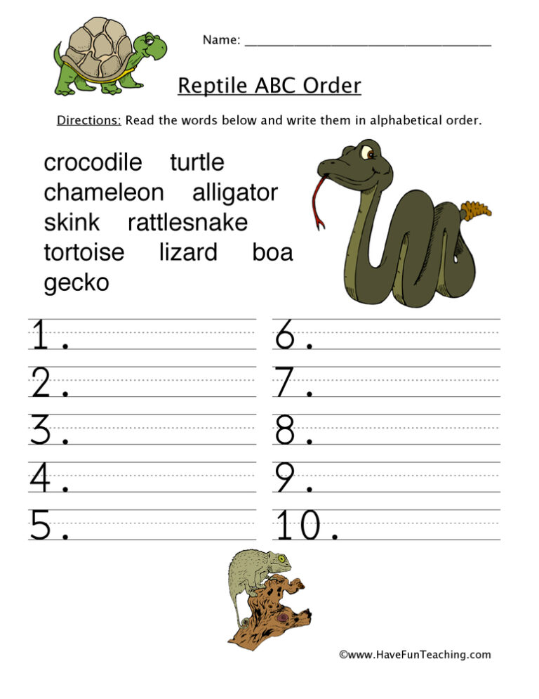 Reptiles Alphabetical Order Worksheet - Have Fun Teaching