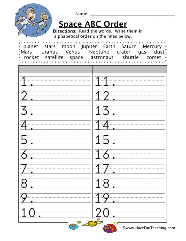 Space Alphabetical Order Worksheet - Have Fun Teaching