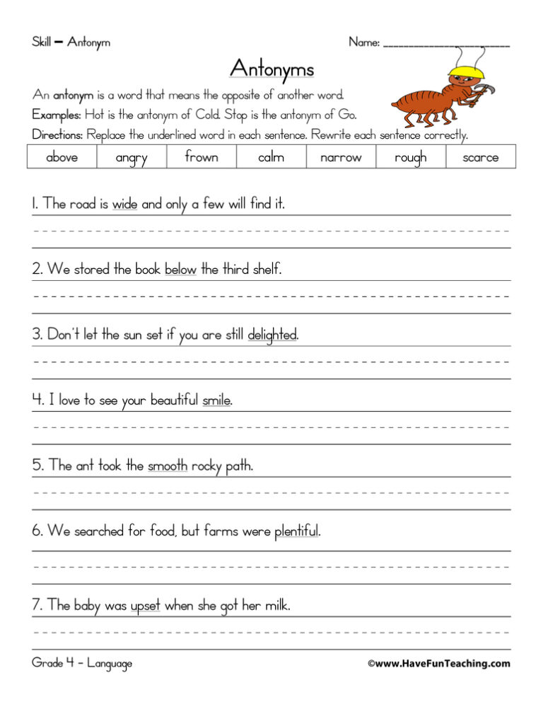Replacing Antonym Worksheet - Have Fun Teaching