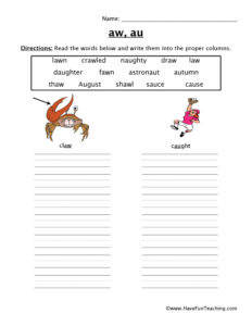 AW, AU Diphthong Worksheet - Have Fun Teaching