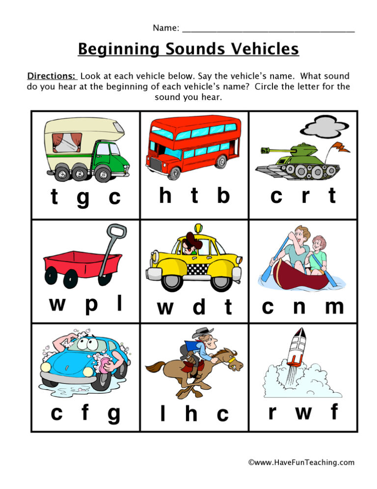 Beginning Sounds Vehicles Worksheet - Have Fun Teaching