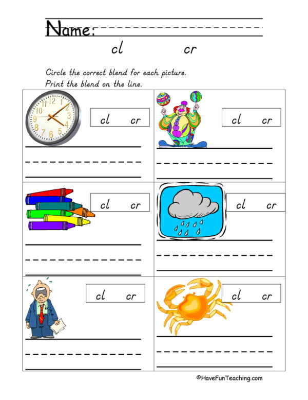 Blends CL, CR Worksheet - Have Fun Teaching