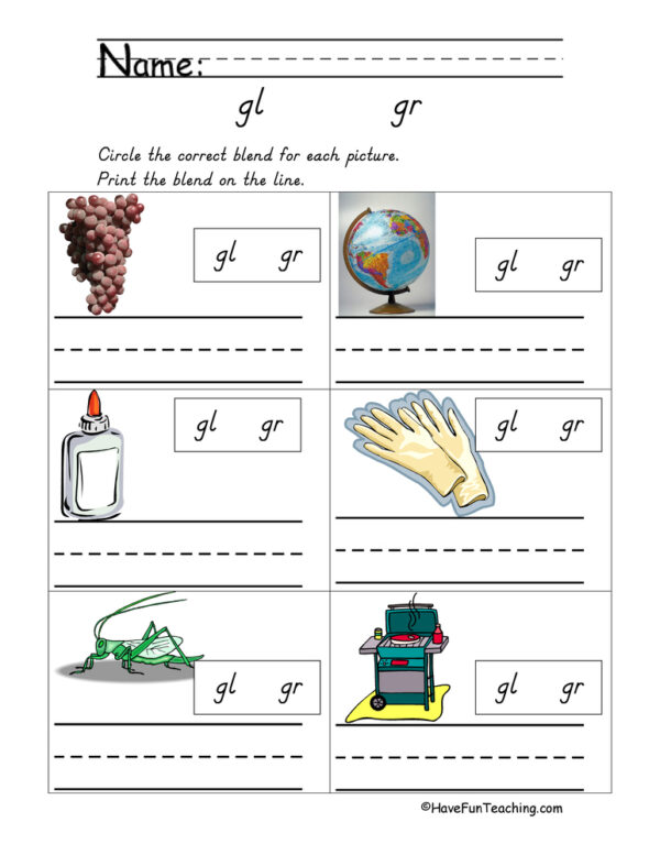 Blends GL, GR Worksheet - Have Fun Teaching