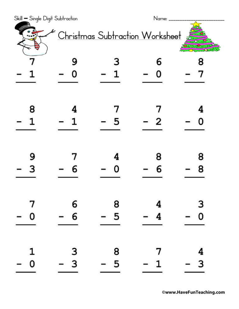 Christmas Single Digit Subtraction Worksheet - Have Fun Teaching