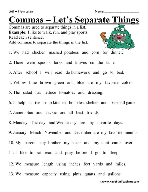 Let's Separate Things Comma Worksheet - Have Fun Teaching