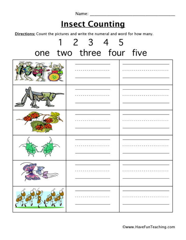 Insect Counting Numbers 1-5 Worksheet - Have Fun Teaching