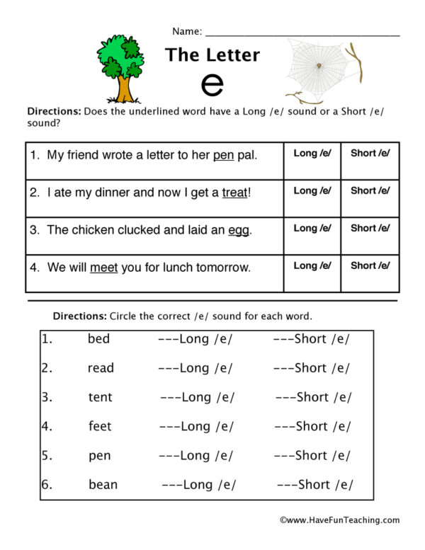 Short and Long Vowel E Worksheet - Have Fun Teaching
