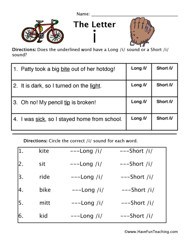 Short and Long Vowel I Worksheet - Have Fun Teaching