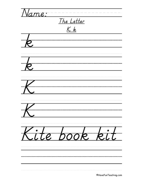 Letter K D'Nealian Style Handwriting Practice Worksheet - Have Fun Teaching