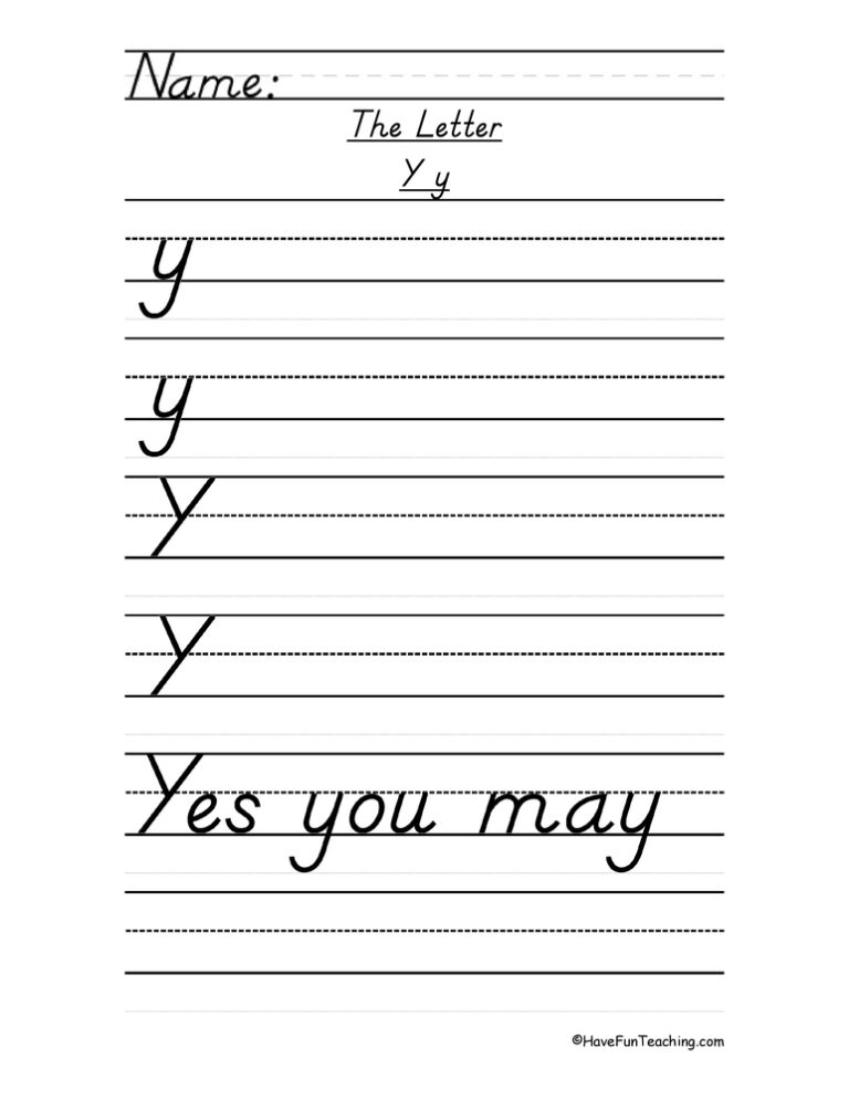 Letter Y D'Nealian Style Handwriting Practice Worksheet - Have Fun Teaching