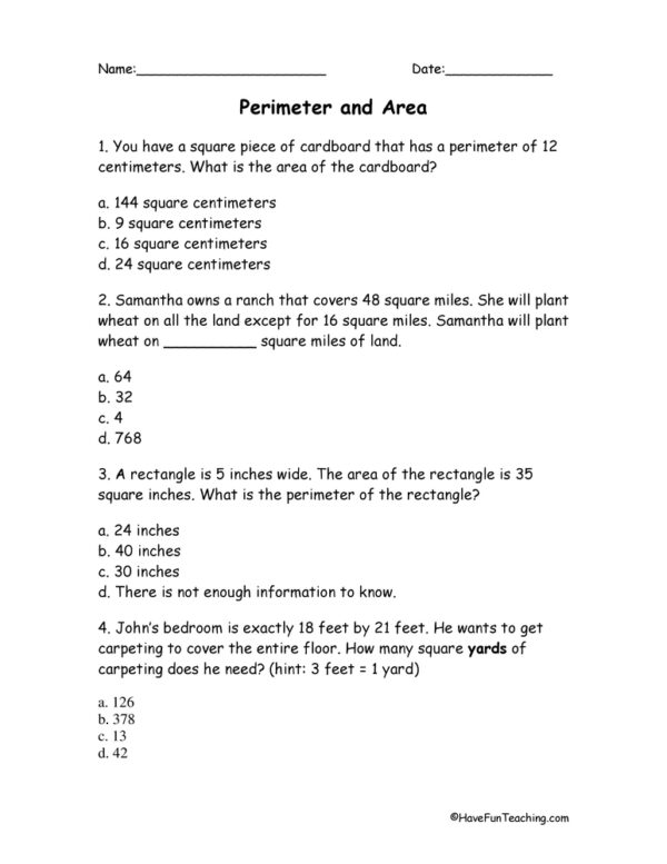 Perimeter and Area Worksheet - Have Fun Teaching