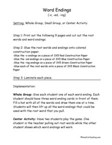 Word Endings S, ED, ING Center - Have Fun Teaching