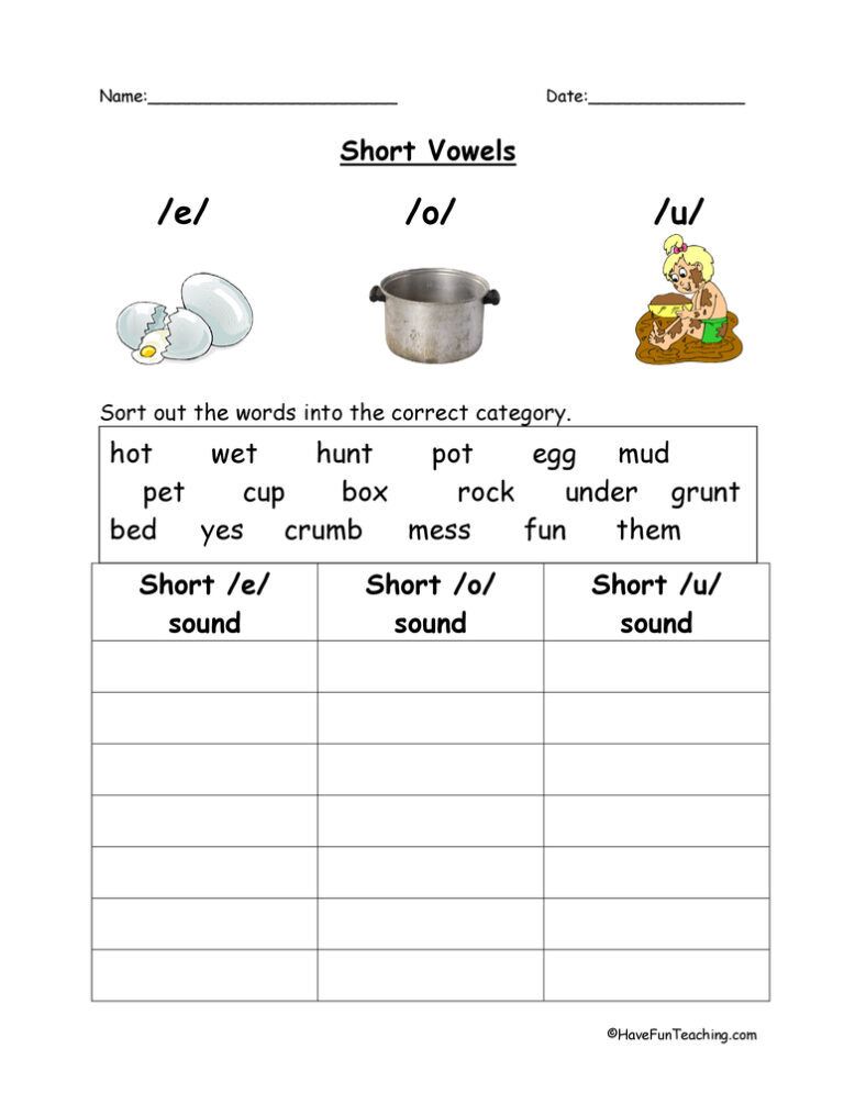 E, O, U Short Vowels Worksheet - Have Fun Teaching