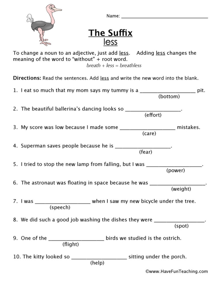 Suffix LESS Worksheet - Have Fun Teaching