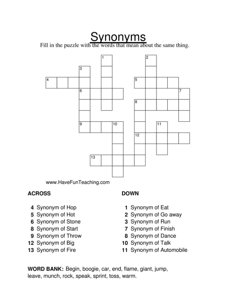 Synonym Crossword Puzzle Worksheet - Have Fun Teaching