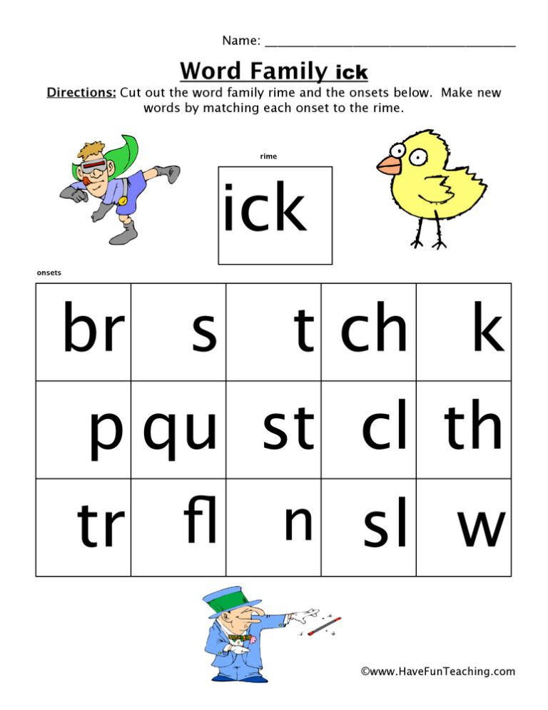 ICK Word Family Worksheet - Have Fun Teaching