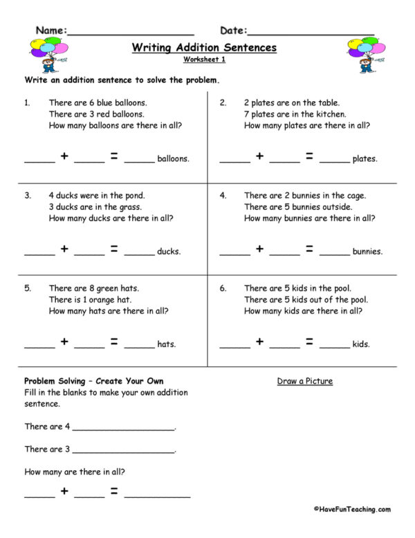 Writing Addition Sentences Worksheet - Have Fun Teaching