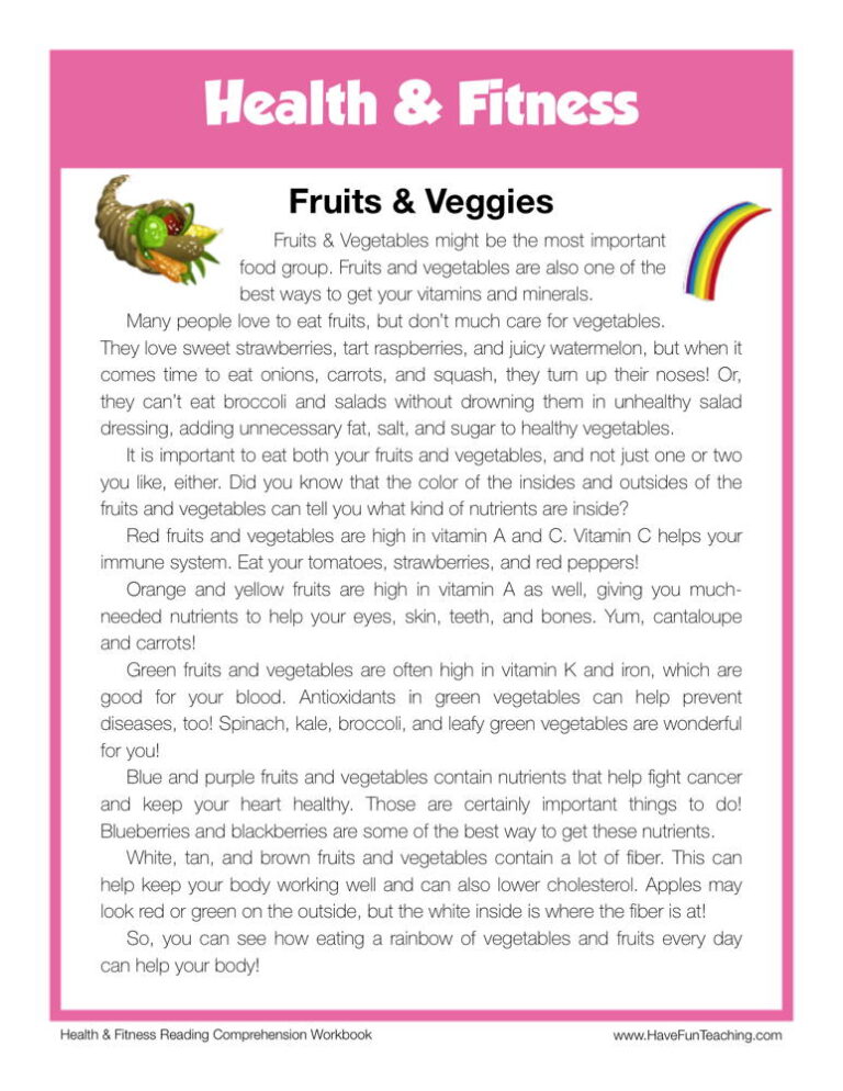 Fruits and Veggies Health and Fitness Reading Comprehension Worksheet ...
