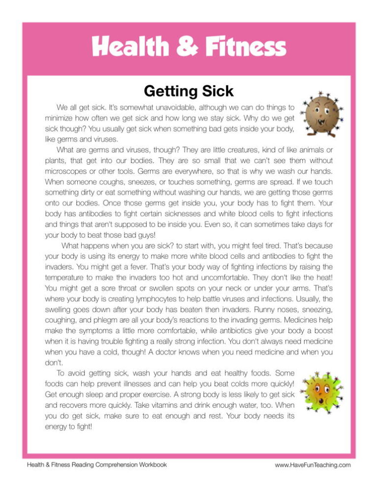 Getting Sick Health and Fitness Reading Comprehension Worksheet - Have ...