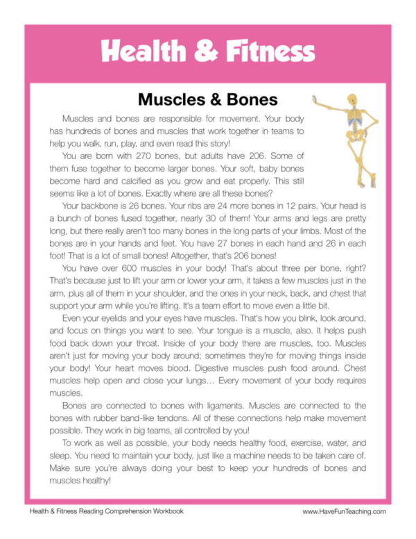 Muscles and Bones Health and Fitness Reading Comprehension Worksheet ...