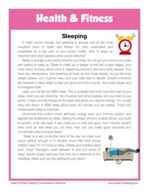 Sleeping Health and Fitness Reading Comprehension Worksheet - Have Fun ...