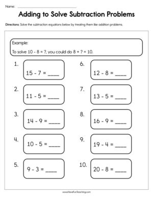 Adding to Solve Subtraction Problems Worksheet - Have Fun Teaching