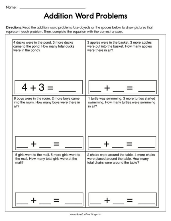 Addition Single Digit Word Problems Worksheet - Have Fun Teaching
