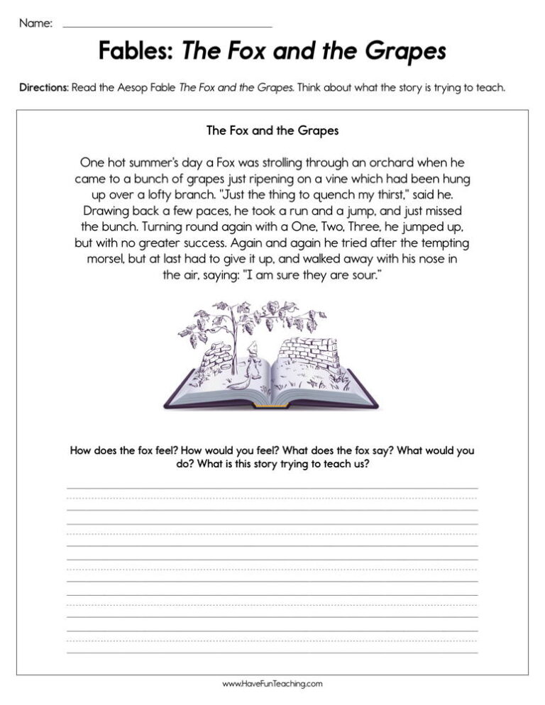 Fables The Fox and The Grapes Worksheet - Have Fun Teaching