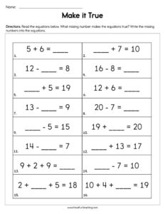 Make It True Missing Number Addition Subtraction Worksheet - Have Fun ...