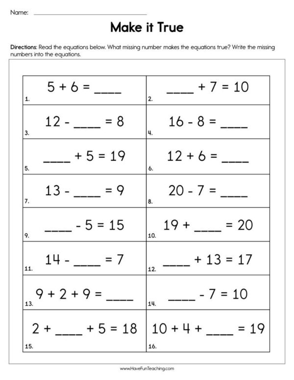 Make It True Missing Number Addition Subtraction Worksheet - Have Fun ...