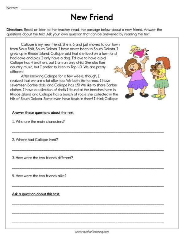 New Friend Reading Comprehension Worksheet - Have Fun Teaching