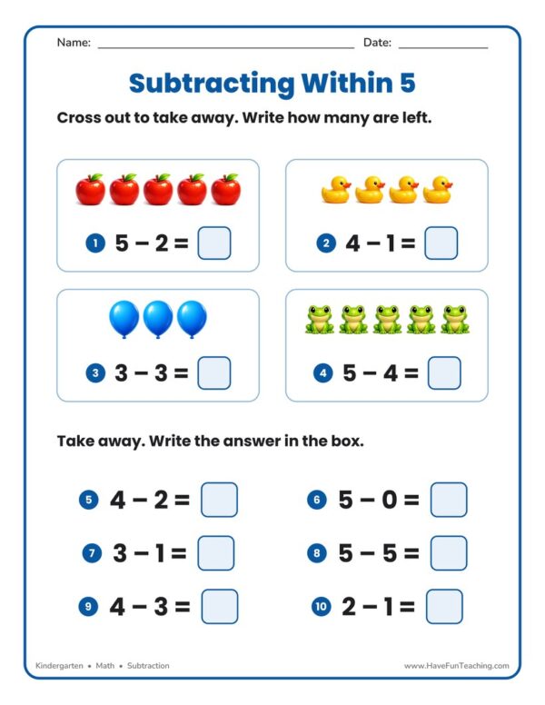 Subtracting Within 5 Worksheet - Have Fun Teaching