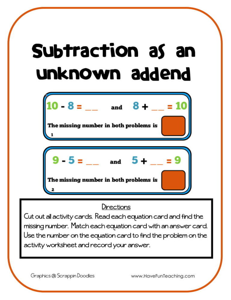 Subtraction as an Unknown Addend Activity - Have Fun Teaching