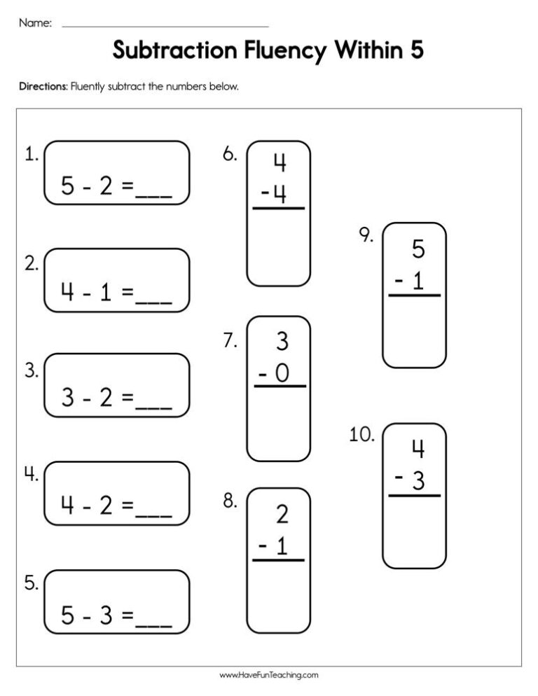 Subtracting Fluency Within 5 Worksheet - Have Fun Teaching
