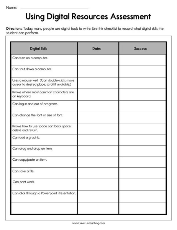 Using Digital Resources Assessment Worksheet - Have Fun Teaching