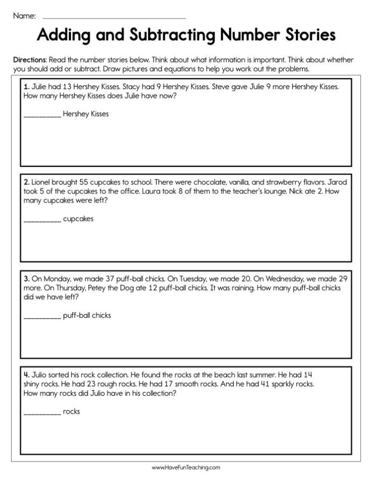 Adding and Subtracting Number Stories Worksheet - Have Fun Teaching
