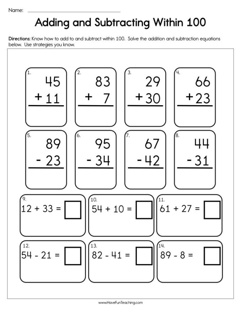 Adding and Subtracting Within 100 Worksheet - Have Fun Teaching