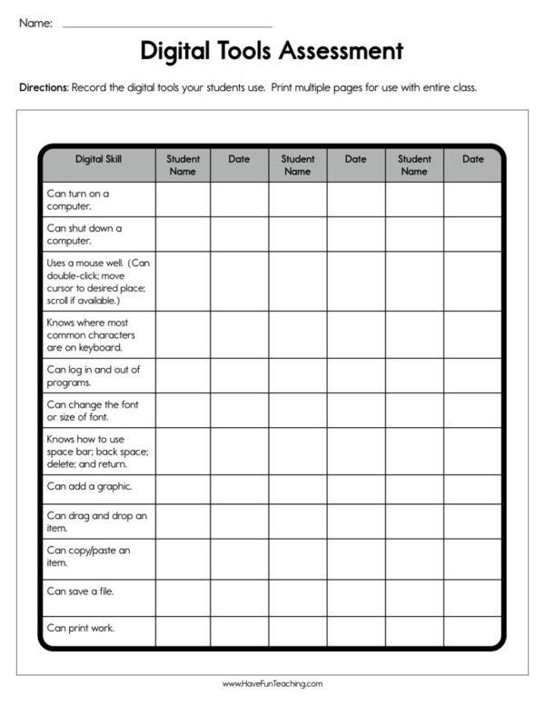 Digital Tools Assessment Worksheet - Have Fun Teaching