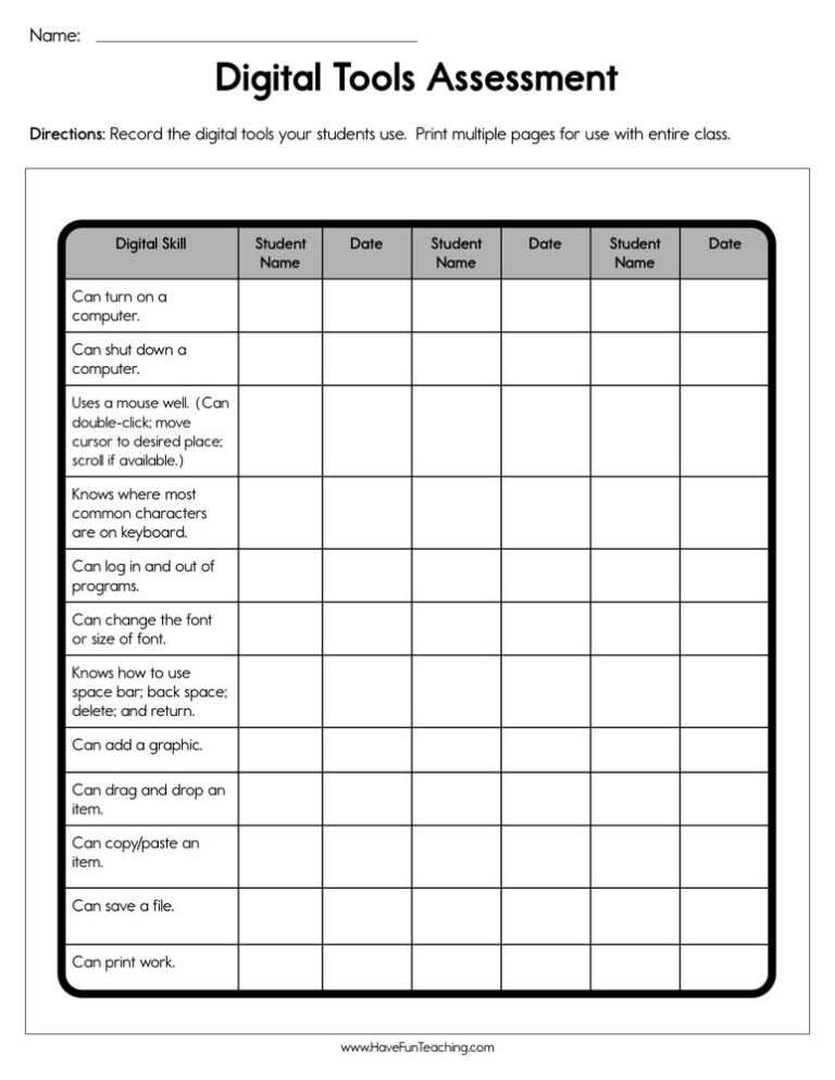 Digital Tools Assessment Worksheet - Have Fun Teaching