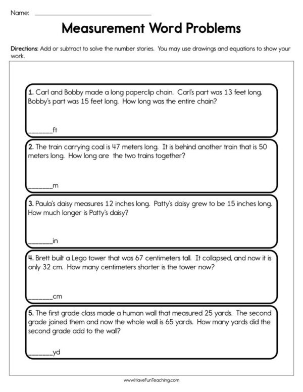 Measurement Word Problems Worksheet - Have Fun Teaching