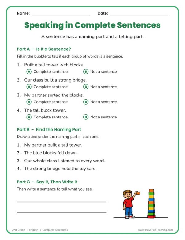 Speaking in Complete Sentences Worksheet - Have Fun Teaching