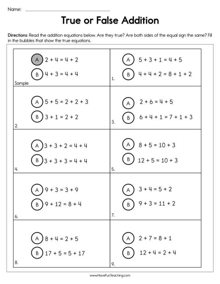 True or False Addition Worksheet - Have Fun Teaching